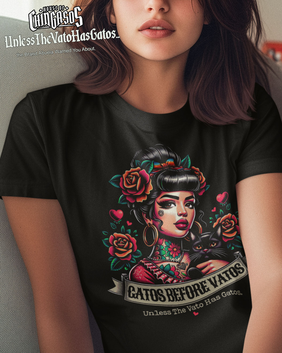 Gatos Before Vatos Chingona Tattoo T-Shirt – House Of Chingasos